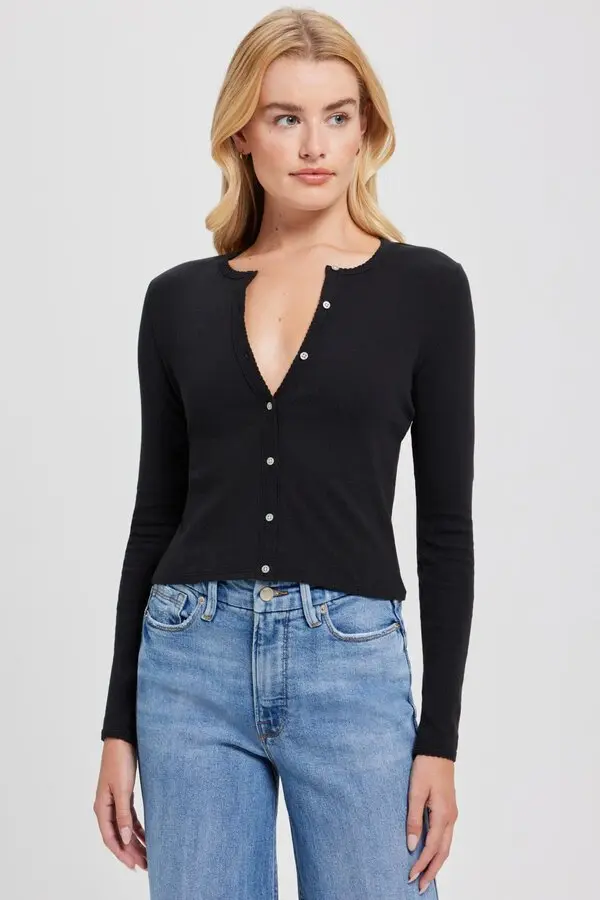 Goldie LeWinter Pointelle Crop Cardigan With Scalloped Trim - Black