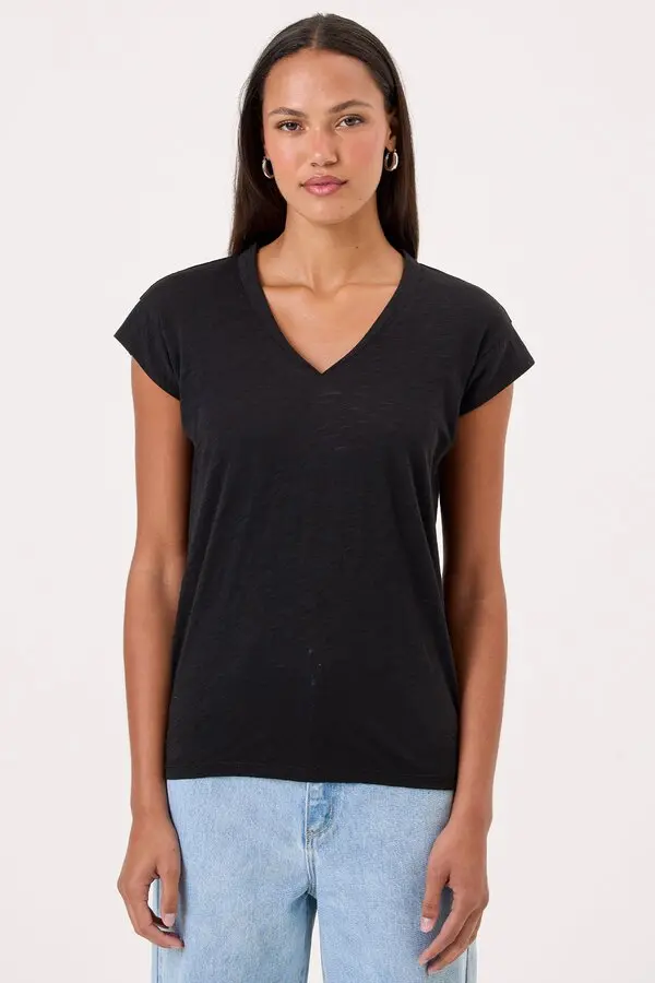 Goldie LeWinter Serenity Cap Sleeve V-neck Tee - Black