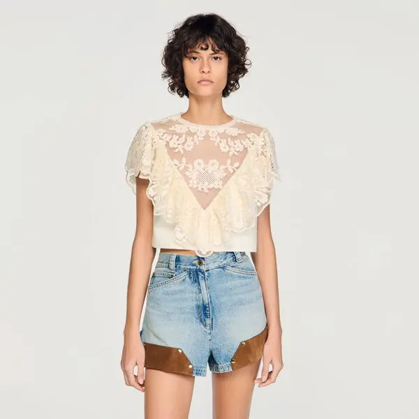 Sandro Floral Guipure Lace Crop Top