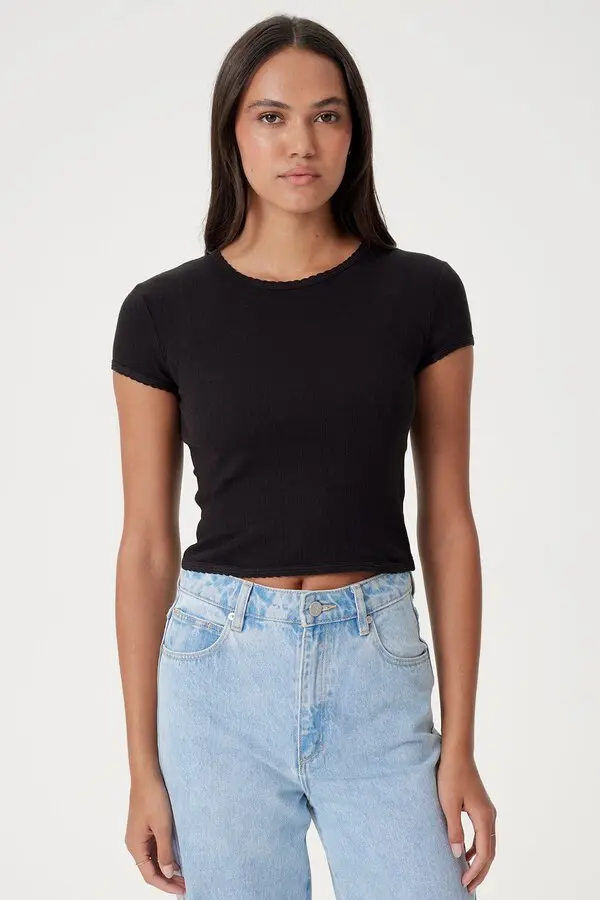 Goldie LeWinter Pointelle Baby Tee With Cap Sleeves And Scalloped Trim - Black
