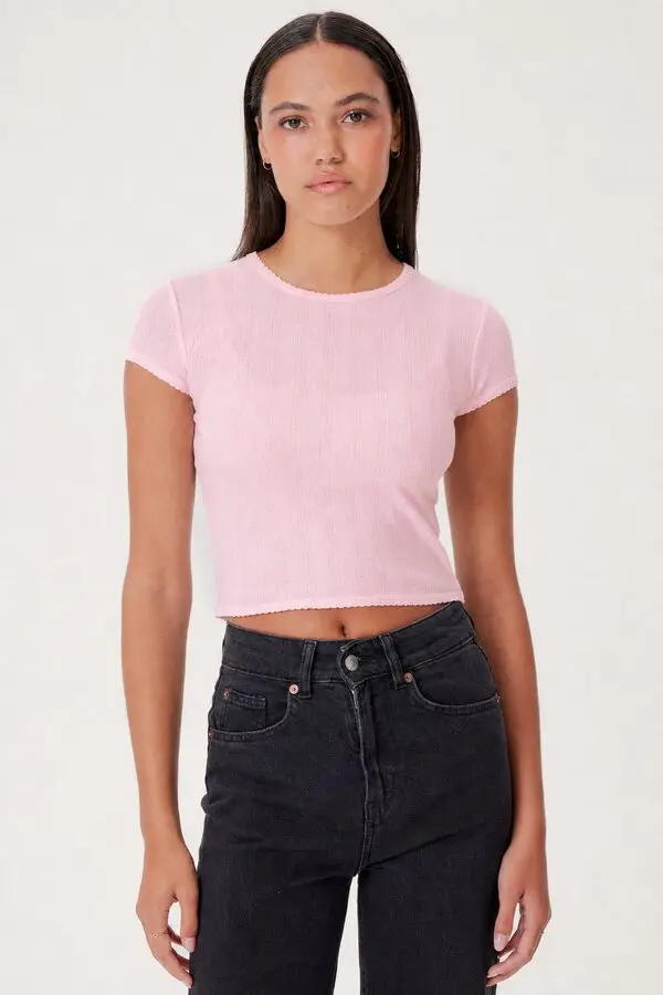 Goldie LeWinter Pointelle Baby Tee With Cap Sleeves And Scalloped Trim - Cherry Blossom
