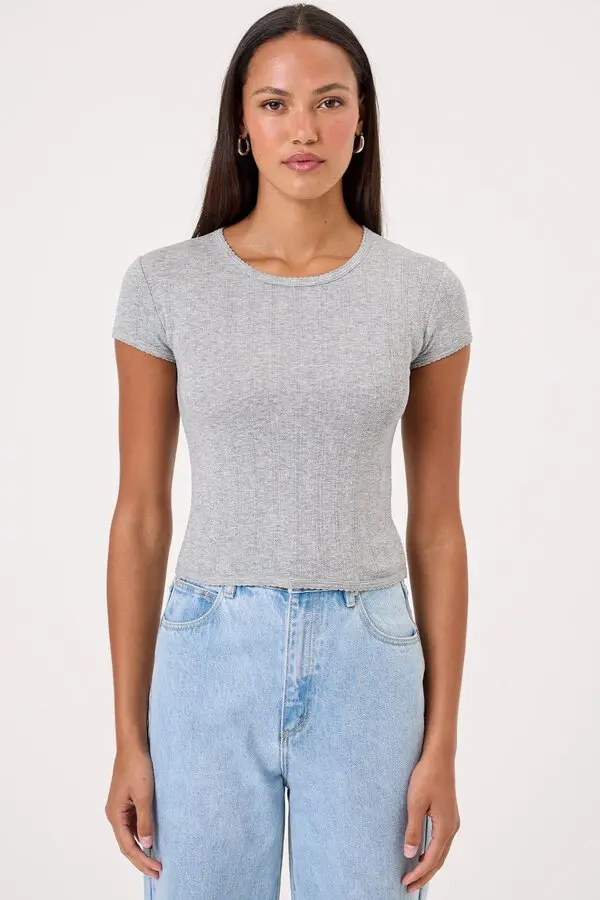 Goldie LeWinter Pointelle Baby Tee With Cap Sleeves And Scalloped Trim - Gray Heather