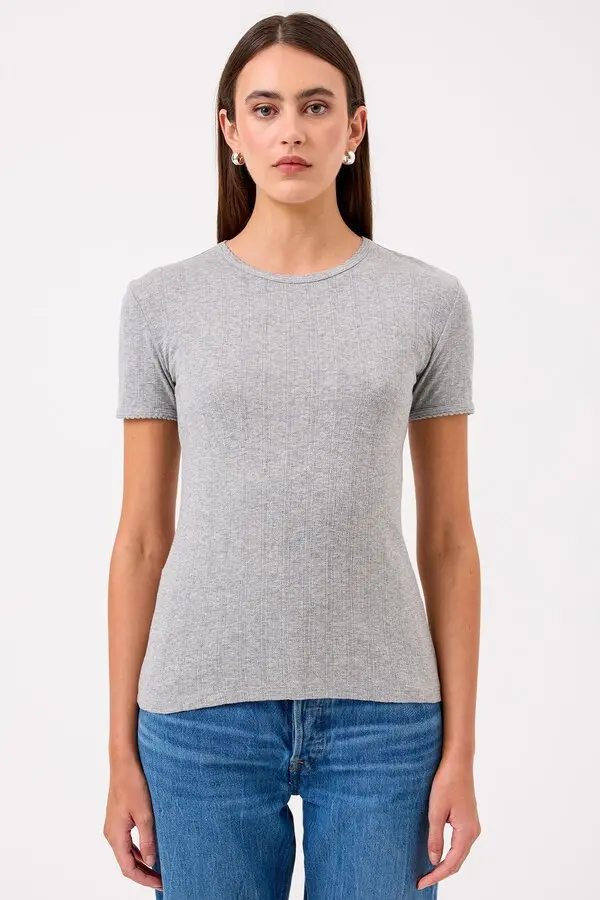 Goldie LeWinter Pointelle Knit Crewneck Tee - Gray Heather