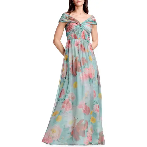Dress The Population Xyla Floral Off-the-shoulder Gown - Mint Multi