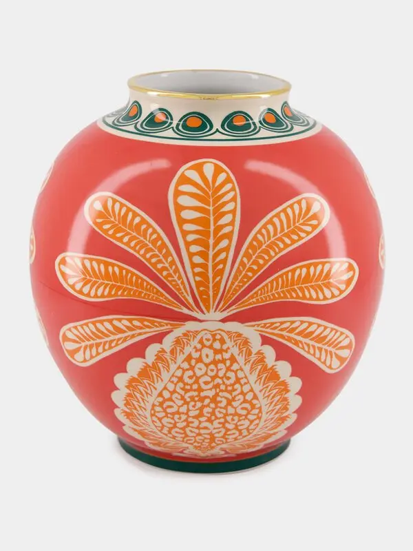 La DoubleJ Bubble Porcelain Vase With Pineapple Print And Gold Trim - Red