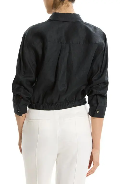 Theory Linen Button-up Shirt With Elasticated Hem And Scrunched Sleeves - Black