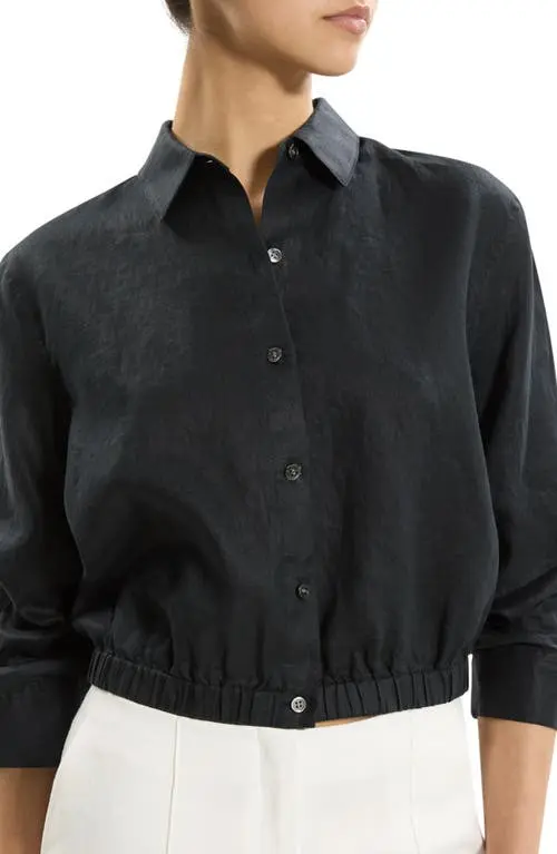 Theory Linen Button-up Shirt With Elasticated Hem And Scrunched Sleeves - Black