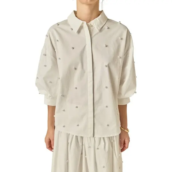 English Factory Pearl Embellished Boxy Shirt - White