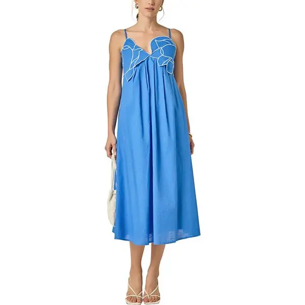 English Factory Embroidered Sleeveless Linen Blend Maxi Dress - Blue