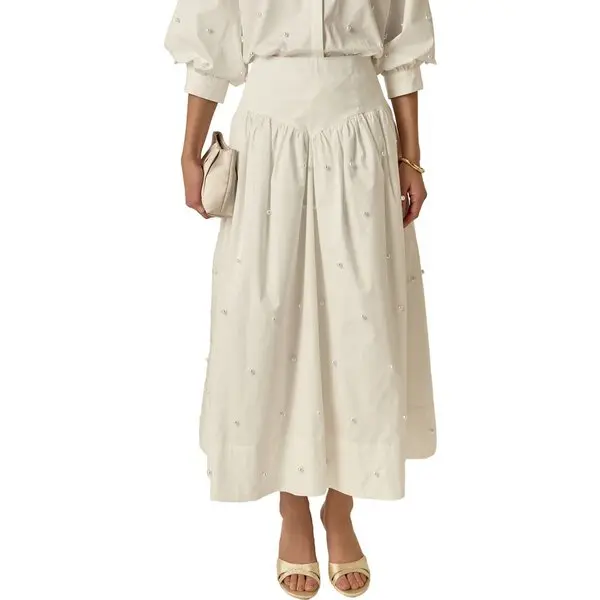 English Factory Pearly Bead Poplin Maxi Skirt - White