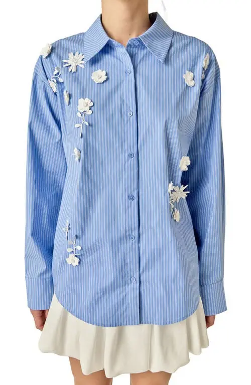 English Factory Striped Shirt With Floral Appliqués