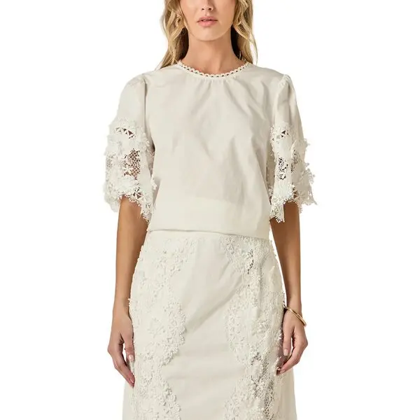English Factory Open Stitch Puff Sleeve Top With Lace Embellishments - White
