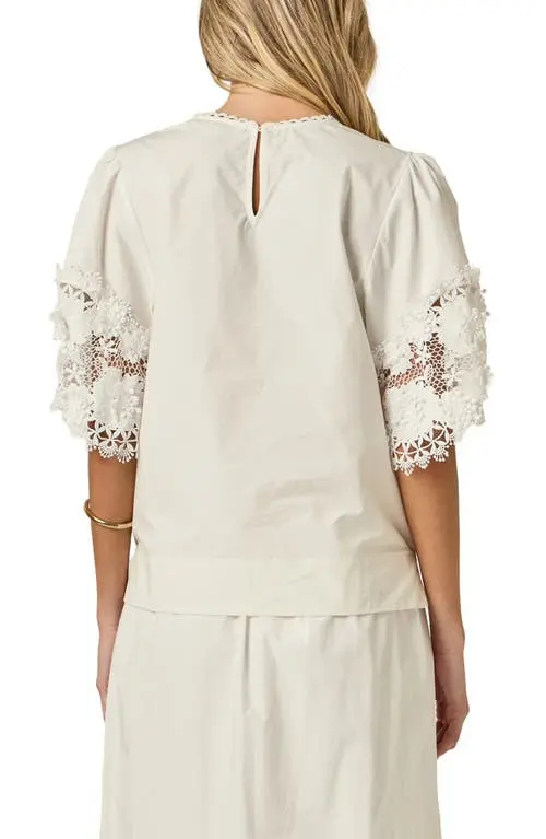 English Factory Open Stitch Puff Sleeve Top With Lace Embellishments
