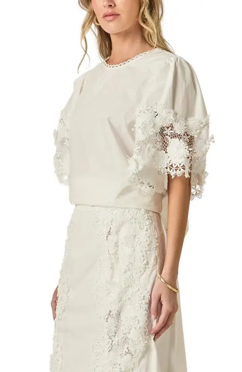 English Factory Open Stitch Puff Sleeve Top With Lace Embellishments