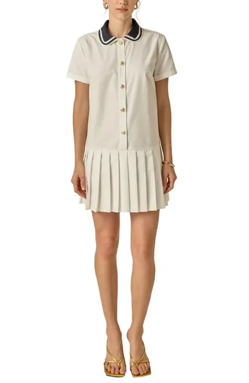 English Factory Crochet Collar Pleated Mini Shirtdress - White