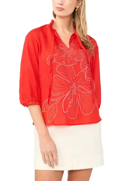 Vince Camuto Embroidered Tie-neck Puff Sleeve Top