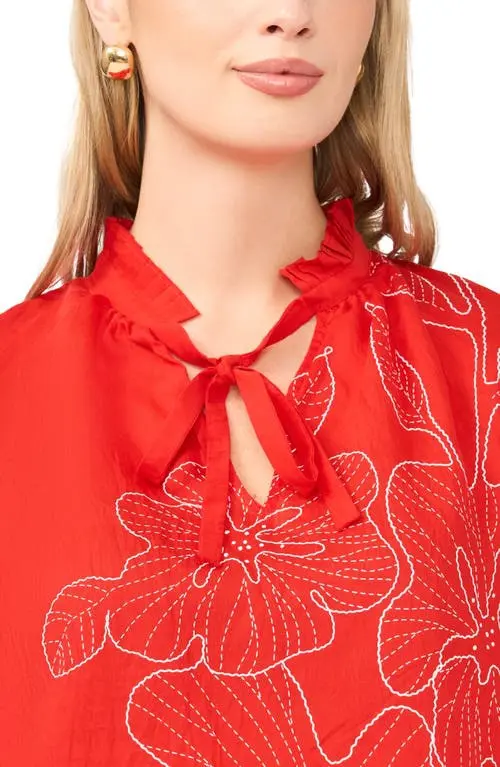 Vince Camuto Embroidered Tie-neck Puff Sleeve Top