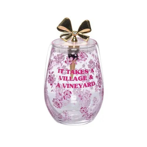 TOTALEE GIFT Takes A Village Wine Glass With Stopper Glass 18 Oz - Clear