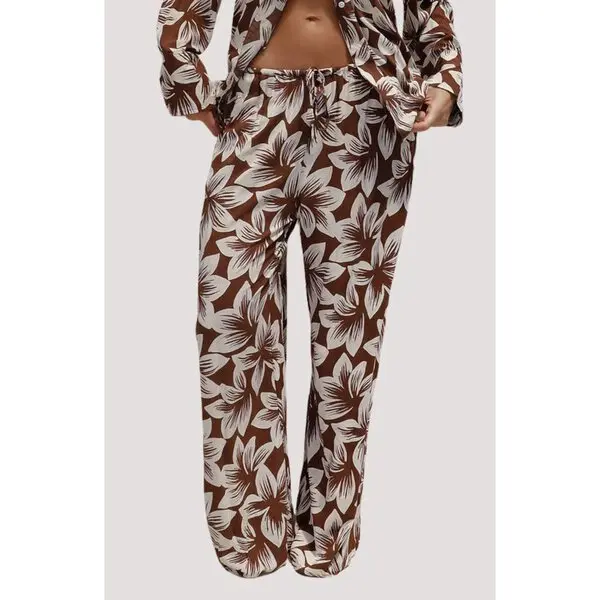 STONE FOX SWIM Koda Leopard Print Drawstring Wide Leg Pants - Cocoa Bloom