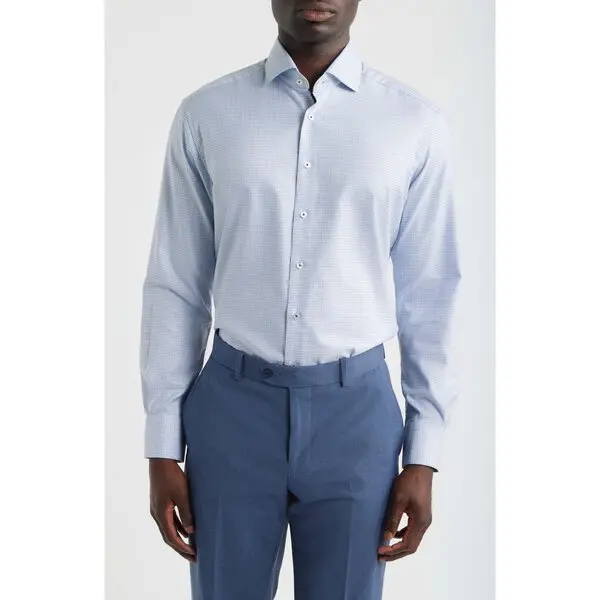 1863 BY ETERNA Modern Fit Check Non-iron Cotton Twill Dress Shirt - Sky