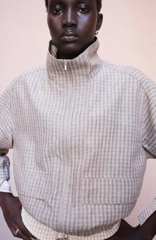Mango Checked Bomber Jacket With Funnel Neck And Balloon Sleeves