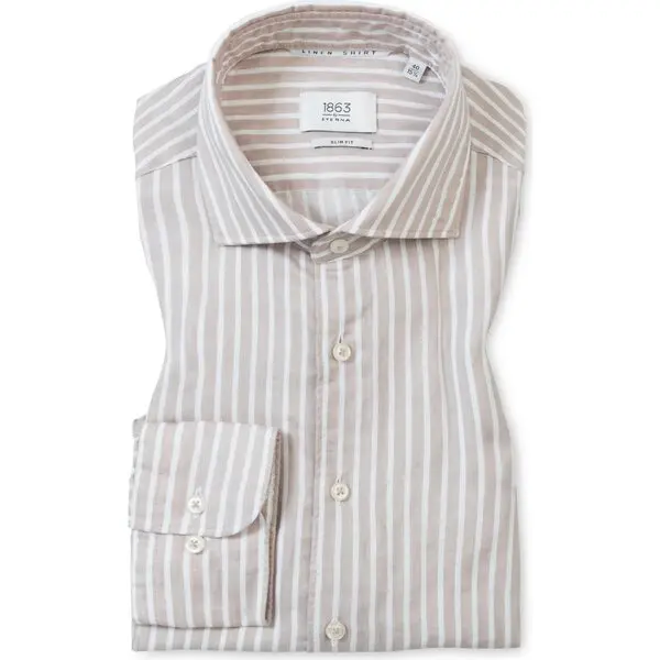 1863 BY ETERNA Slim Fit Stripe Non-iron Cotton & Linen Dress Shirt