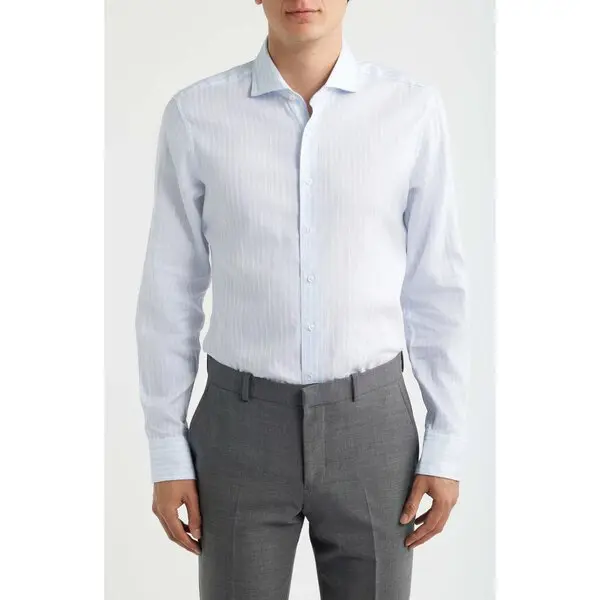 1863 BY ETERNA Slim Fit Stripe Non-iron Cotton & Linen Dress Shirt - Light Blue