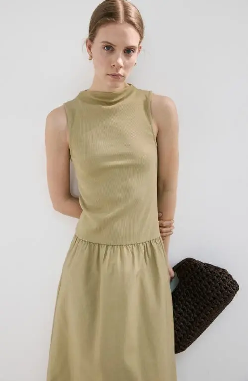 Mango Sleeveless Mock Neck Stretch Cotton Midi Dress - Olive Green