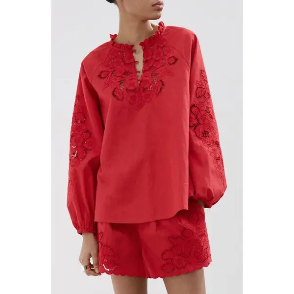 Mango Broderie Anglaise Cotton Top With Ruffle Trim