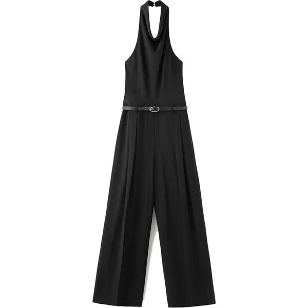Mango Halter Neck Belted Jumpsuit With Pleated Straight-leg Pants - Black
