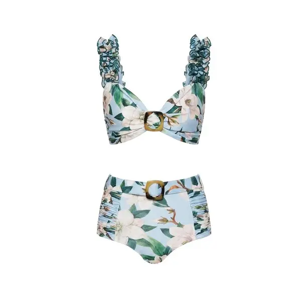 NUR KARAATA Floral Print Bikini With Ruffle Straps And Buckle Belt - Blue