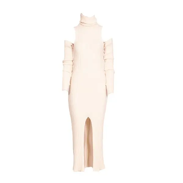 SOHUMAN Camenn Ribbed Midi Dress With Cut-out Shoulders And Slit - White