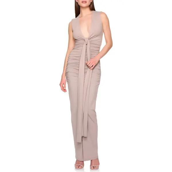 Susana Monaco Plunge Neck Tie Neck Maxi Dress - Sandstone