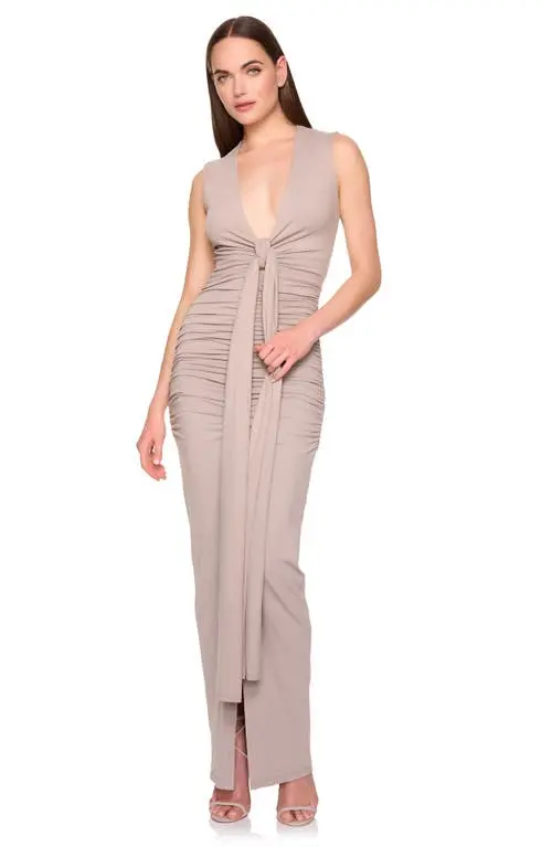 Susana Monaco Plunge Neck Tie Neck Maxi Dress - Sandstone