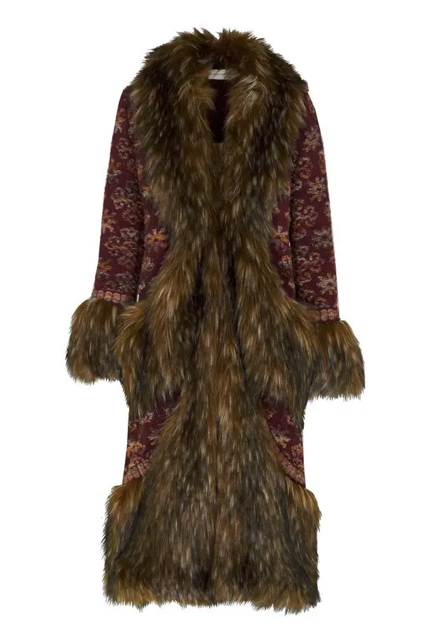 THE EXTREME COLLECTION Maroon Jacquard Long Coat With Printed And Brushed Hem - Eed/red