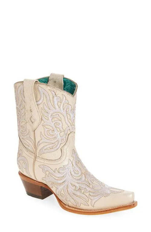 CORRAL Embroidered Pointed Toe Stacked Heel Boots - Bone