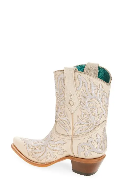CORRAL Embroidered Pointed Toe Stacked Heel Boots - Bone
