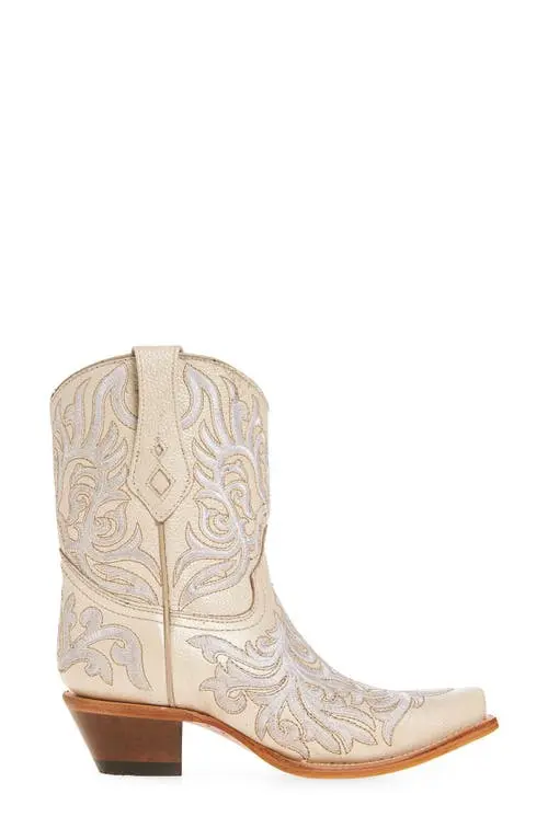 CORRAL Embroidered Pointed Toe Stacked Heel Boots - Bone