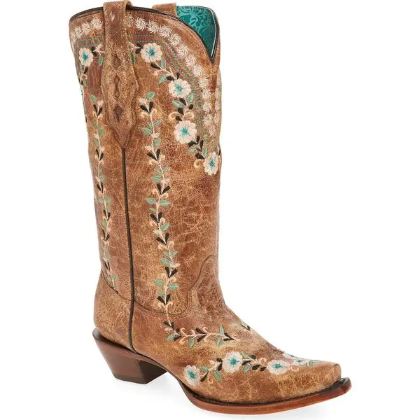 CORRAL Floral Embroidered Distressed Leather Western Boots - Cognac