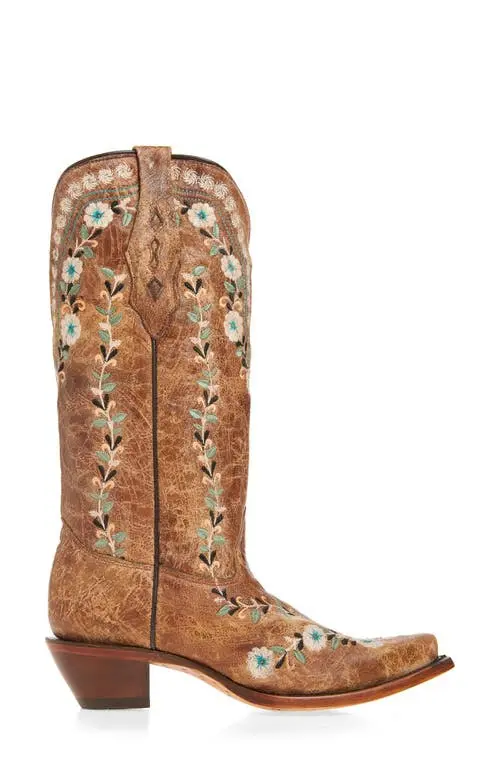 CORRAL Floral Embroidered Distressed Leather Western Boots - Cognac