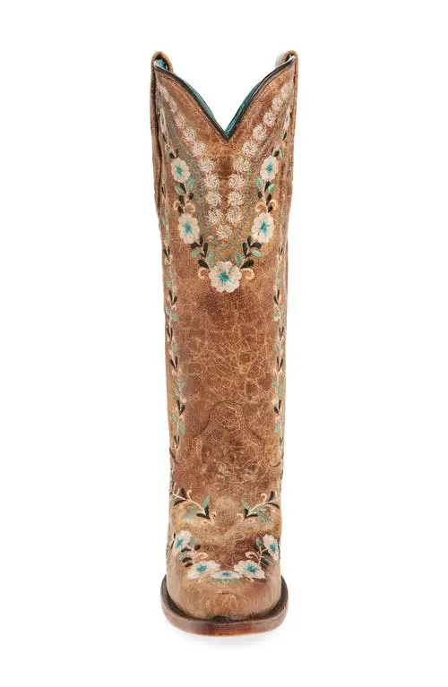 CORRAL Floral Embroidered Distressed Leather Western Boots - Cognac