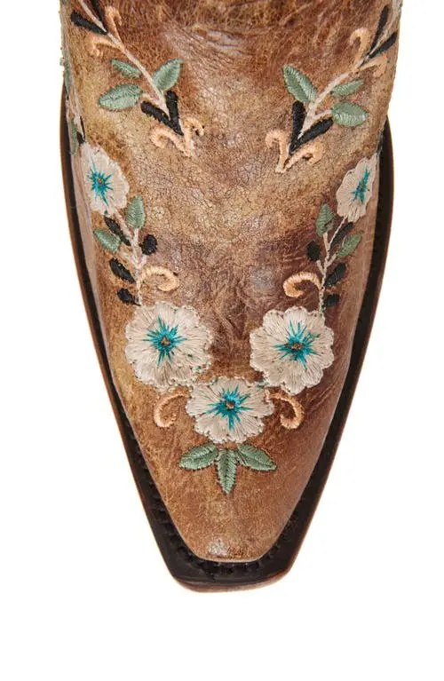CORRAL Floral Embroidered Distressed Leather Western Boots - Cognac
