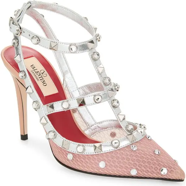 Valentino Garavani Rockstud Embellished Ankle Strap Pumps - Pink