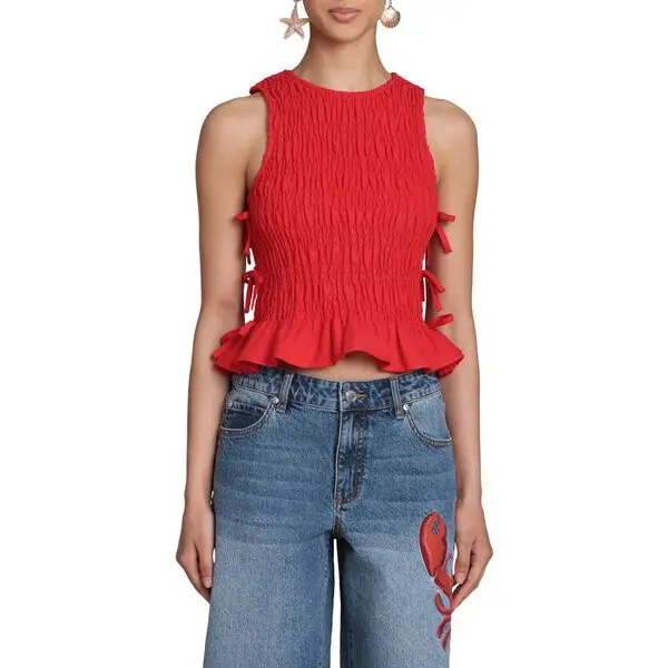 Avec Les Filles Smocked Linen Blend Top - Hot Red