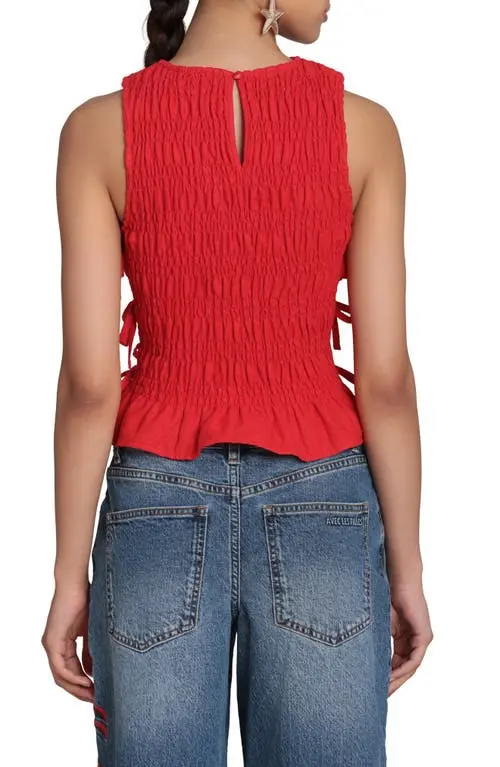 Avec Les Filles Smocked Linen Blend Top - Hot Red