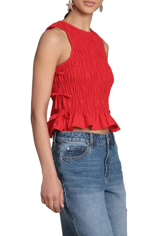 Avec Les Filles Smocked Linen Blend Top - Hot Red