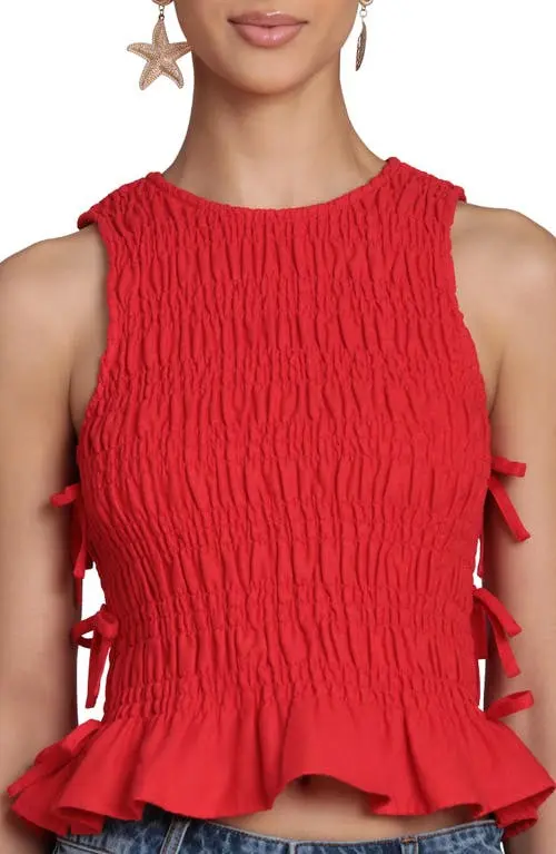 Avec Les Filles Smocked Linen Blend Top - Hot Red