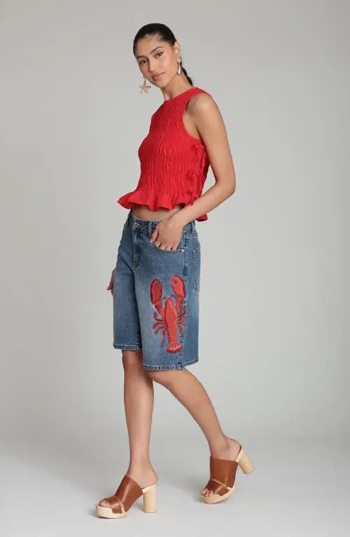 Avec Les Filles Smocked Linen Blend Top - Hot Red