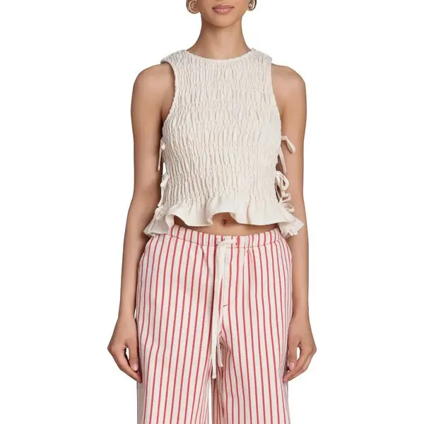 Avec Les Filles Smocked Linen Blend Top - Oatmeal