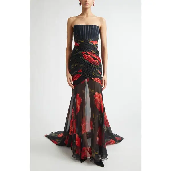 Carolina Herrera Rose Print Silk Chiffon Gown - Black Multi